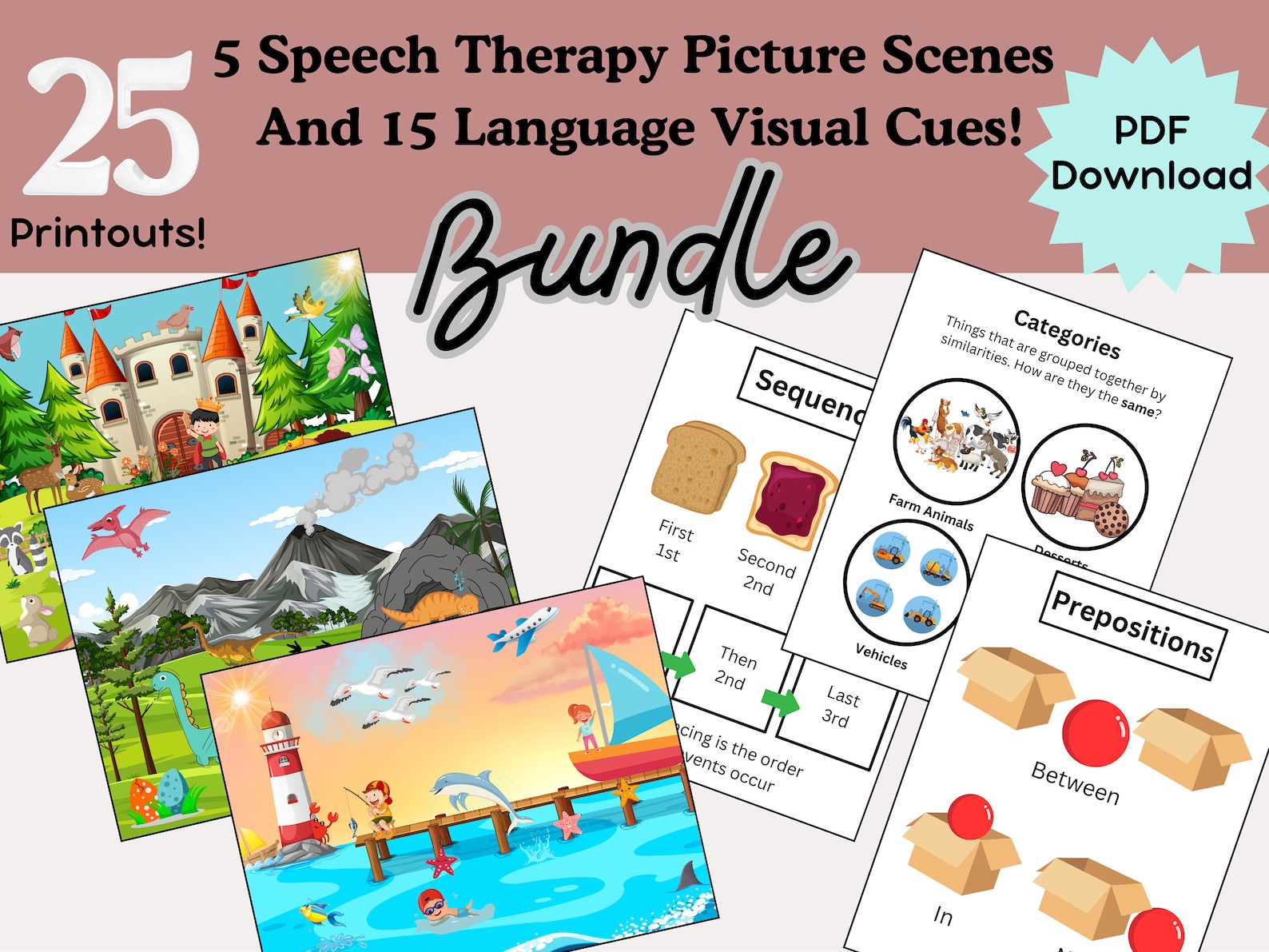 25 Speech Language Therapy Printouts, Picture Scenes, Language Concept ...