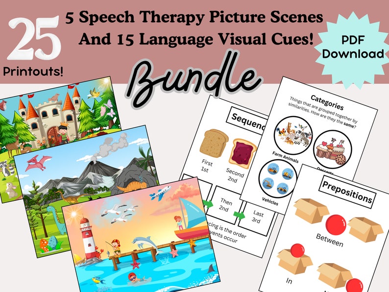 25 Speech Language Therapy Printouts, Picture Scenes, Language Concept ...