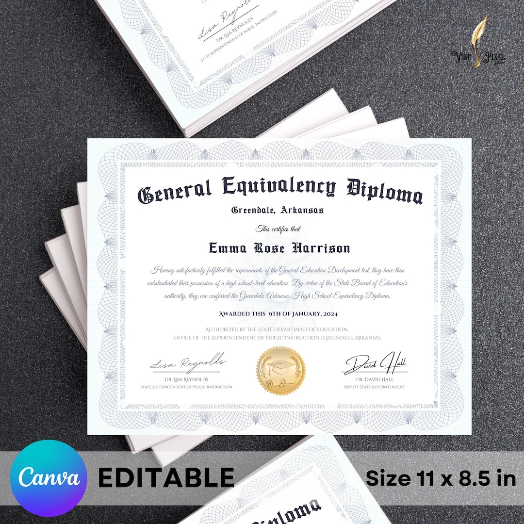 GED Frame Diploma With Gold Seal Design, Editable Canva Graduation Certificate, General High ...