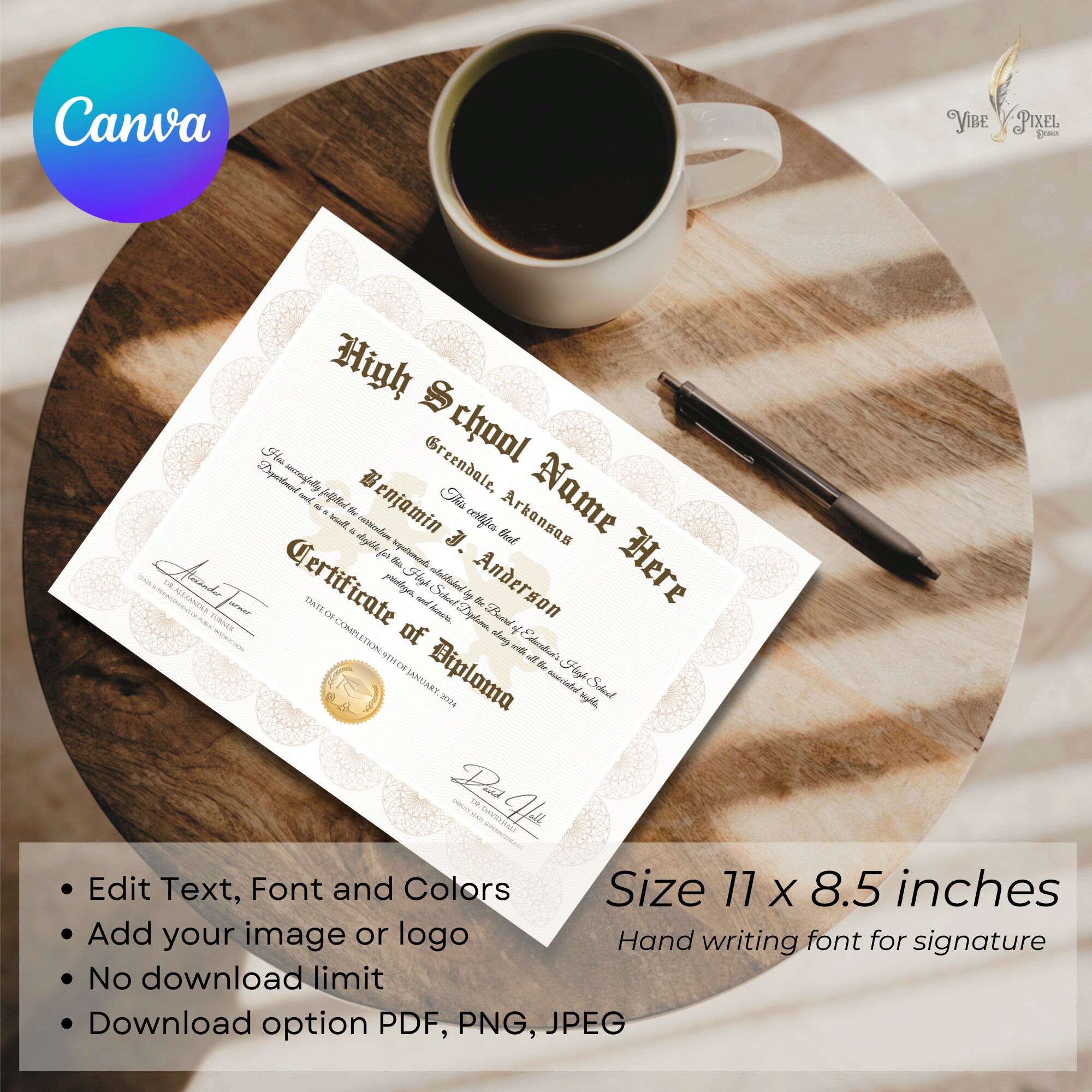 High School Diploma With Gold Seal, Printable Customized Diploma ...