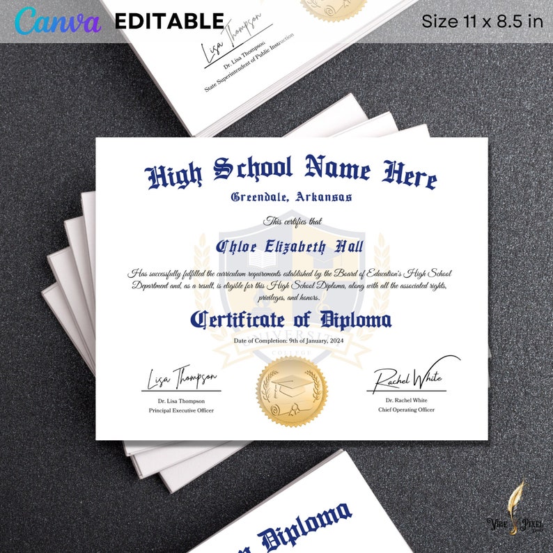 High School Diploma With Gold Seal, Printable Customized Diploma ...