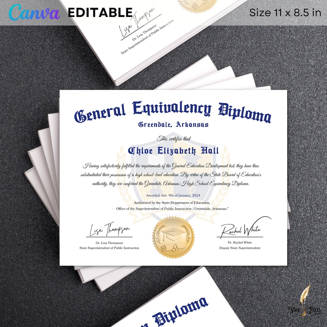 GED Diploma With Gold Seal Design, Editable Canva Graduation ...