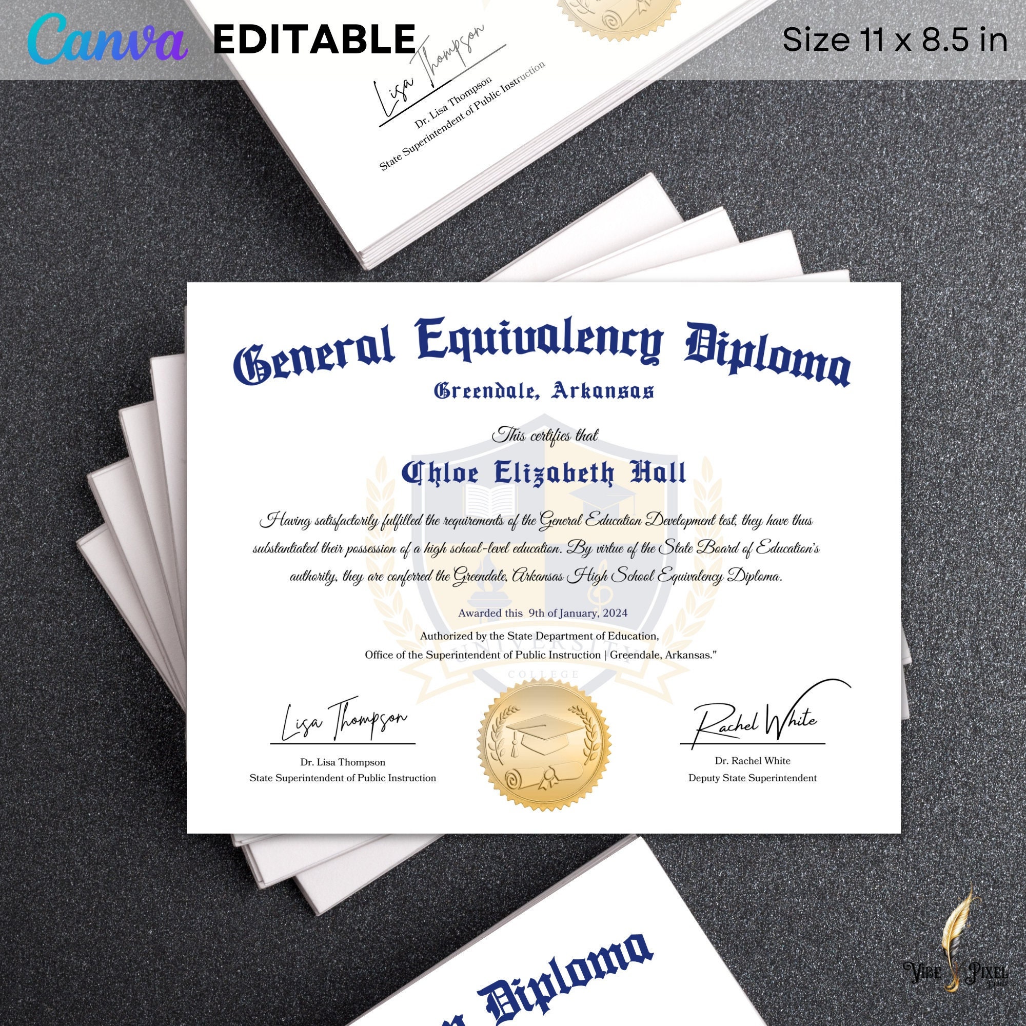 GED Diploma With Gold Seal Design, Editable Canva Graduation ...