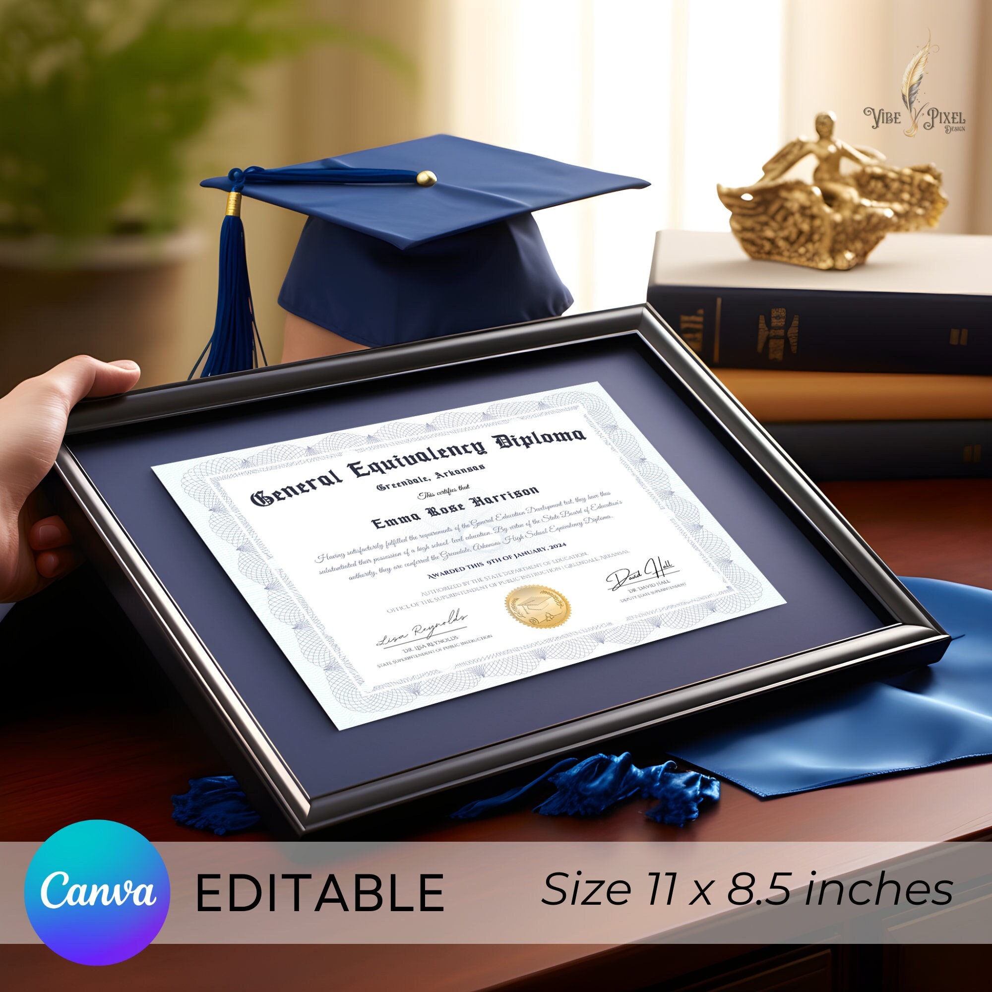 GED Frame Diploma With Gold Seal Design, Editable Canva Graduation ...
