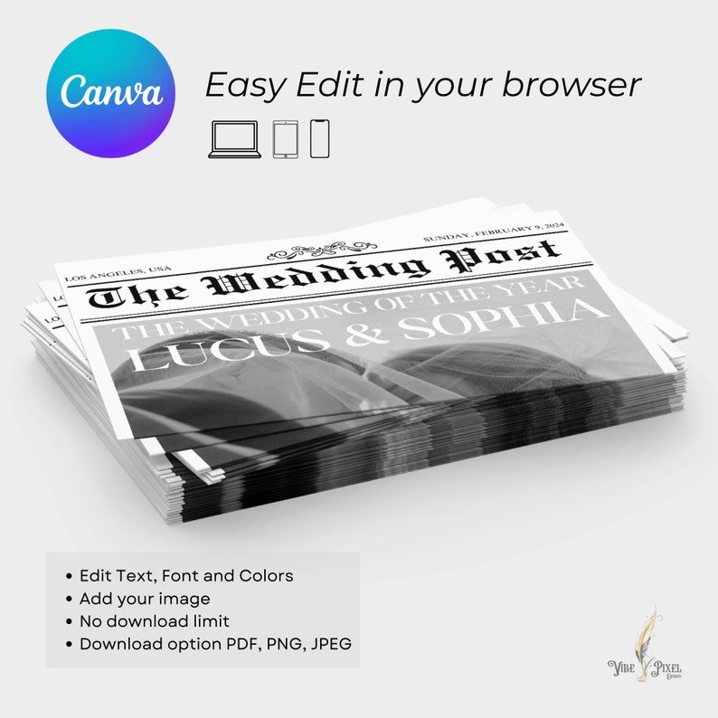 Newspaper Wedding Program Edit Template, Canva Printable Wedding With ...
