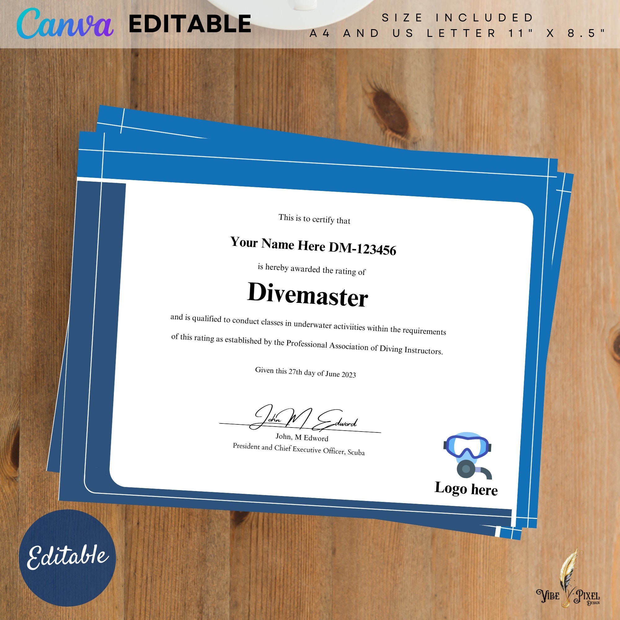 Divemaster GED Certificate of Completion Template, Editable Canva Scuba ...