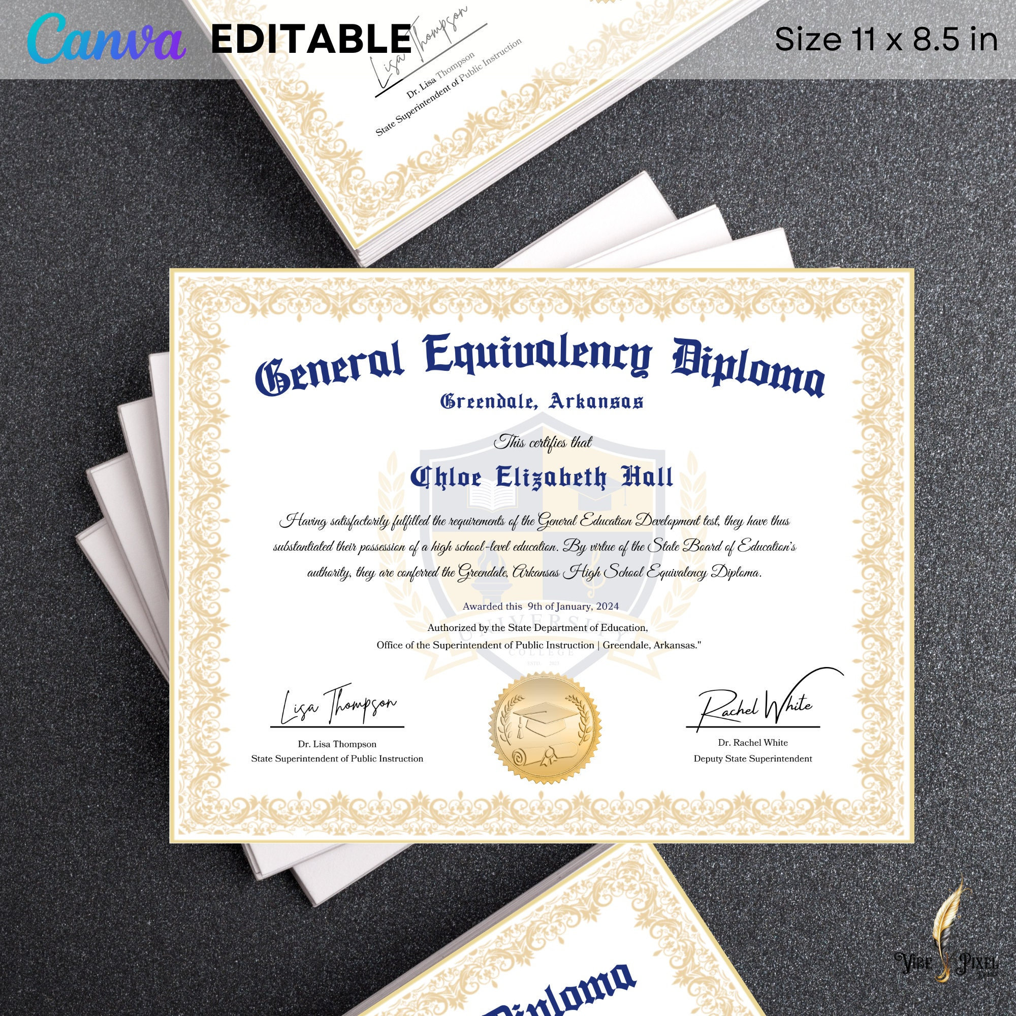 GED Frame Diploma With Gold Seal Design, Editable Canva Graduation ...