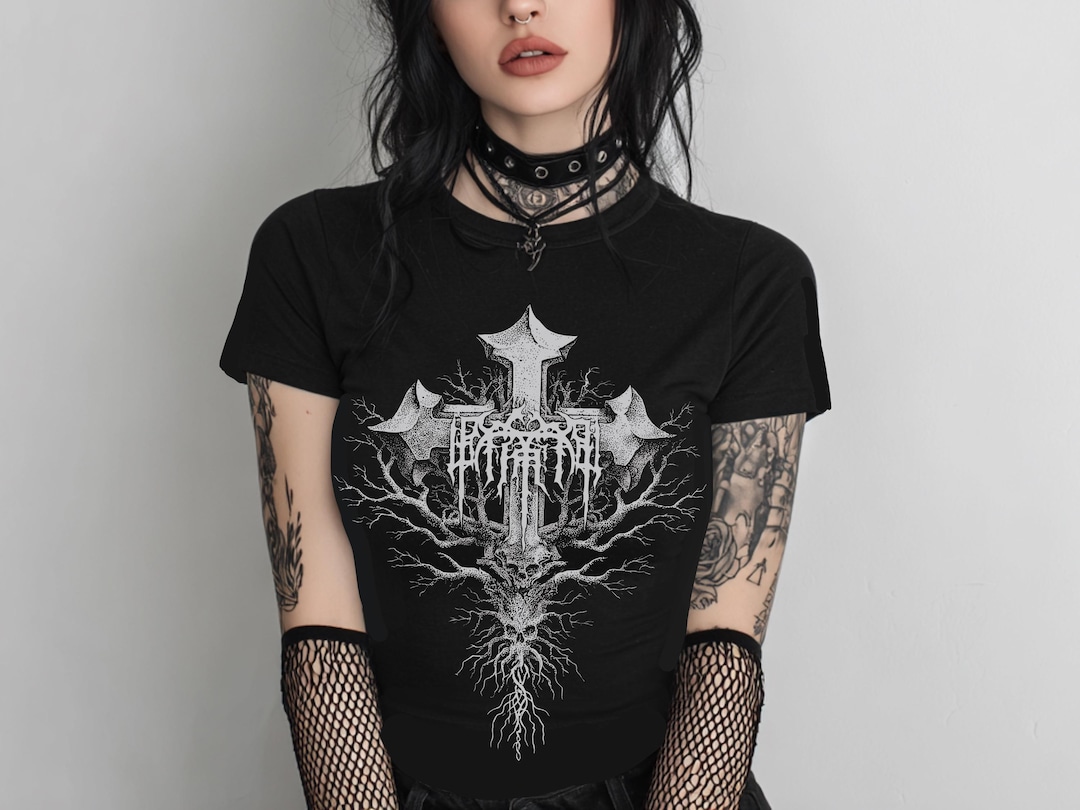 Y2K Gothic Cross Fitted T-shirt, Emo Punk Grunge Shirt, Witchy Pastel ...
