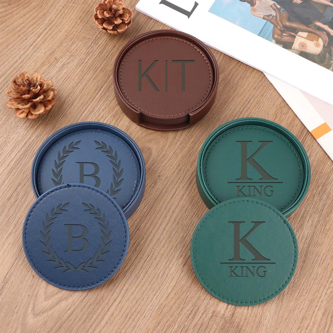 Personalized Leather Coasters Set of 6, Custom Coasters With Holder ...