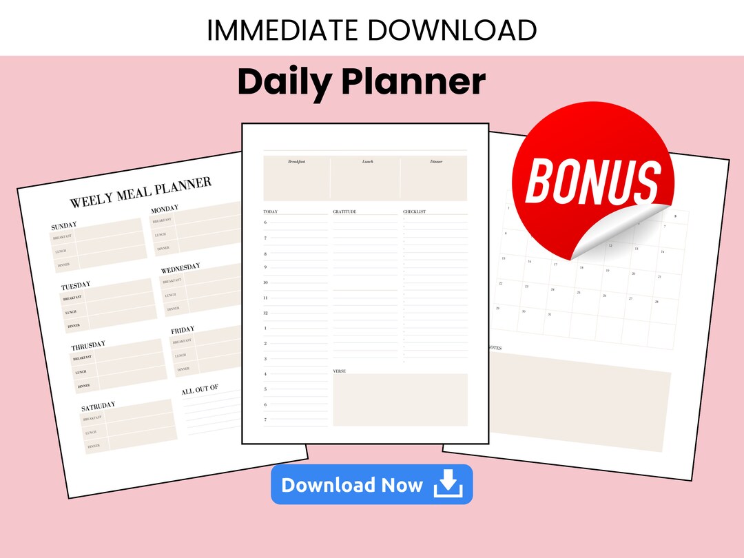 Printable Daily One Page Planner, Weekly Meal Planner - Etsy