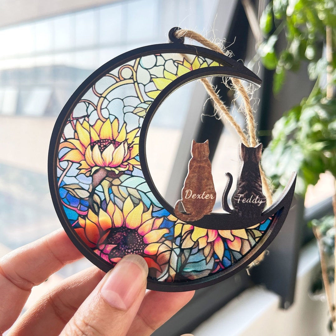 Custom Cat Portrait Stained Glass Suncatcher,personalized Cats Memorial ...