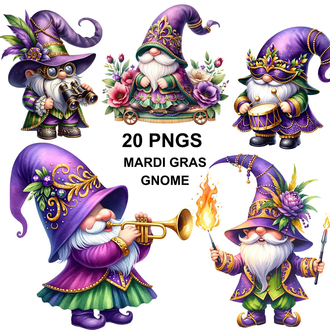 Watercolor Mardi Gras Gnome Clipart, Carnival PNG, Festive Gnomes ...