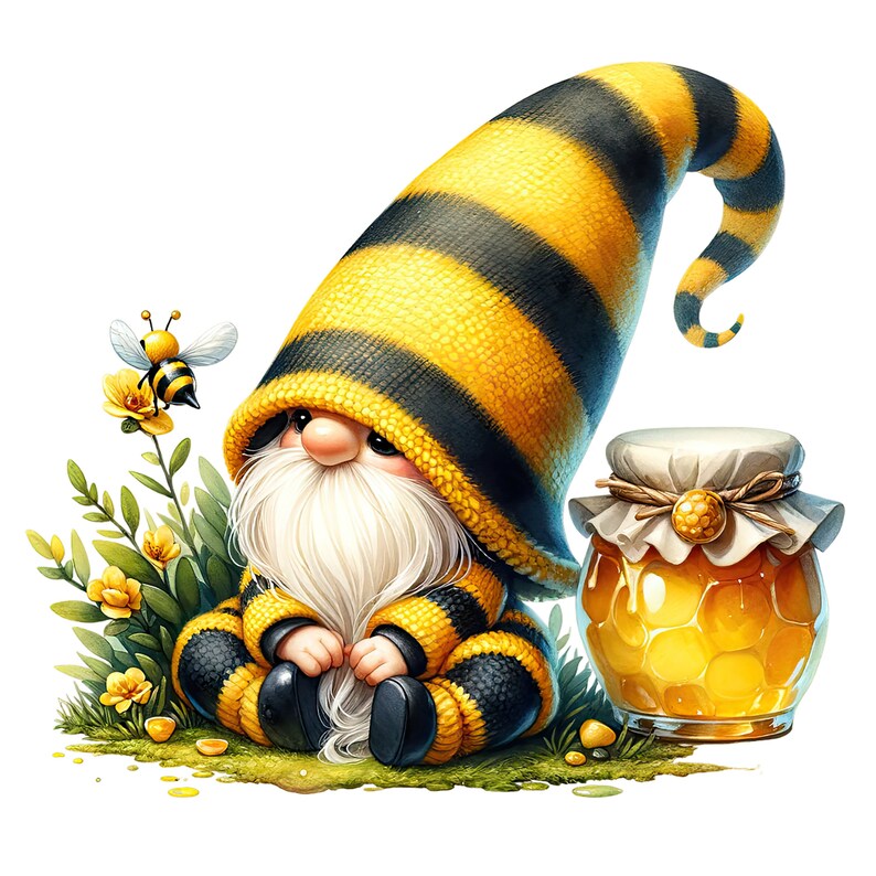 Watercolor Honey Bee Gnome Clipart, Honey Bee Gnome, Bumble Bee Png ...