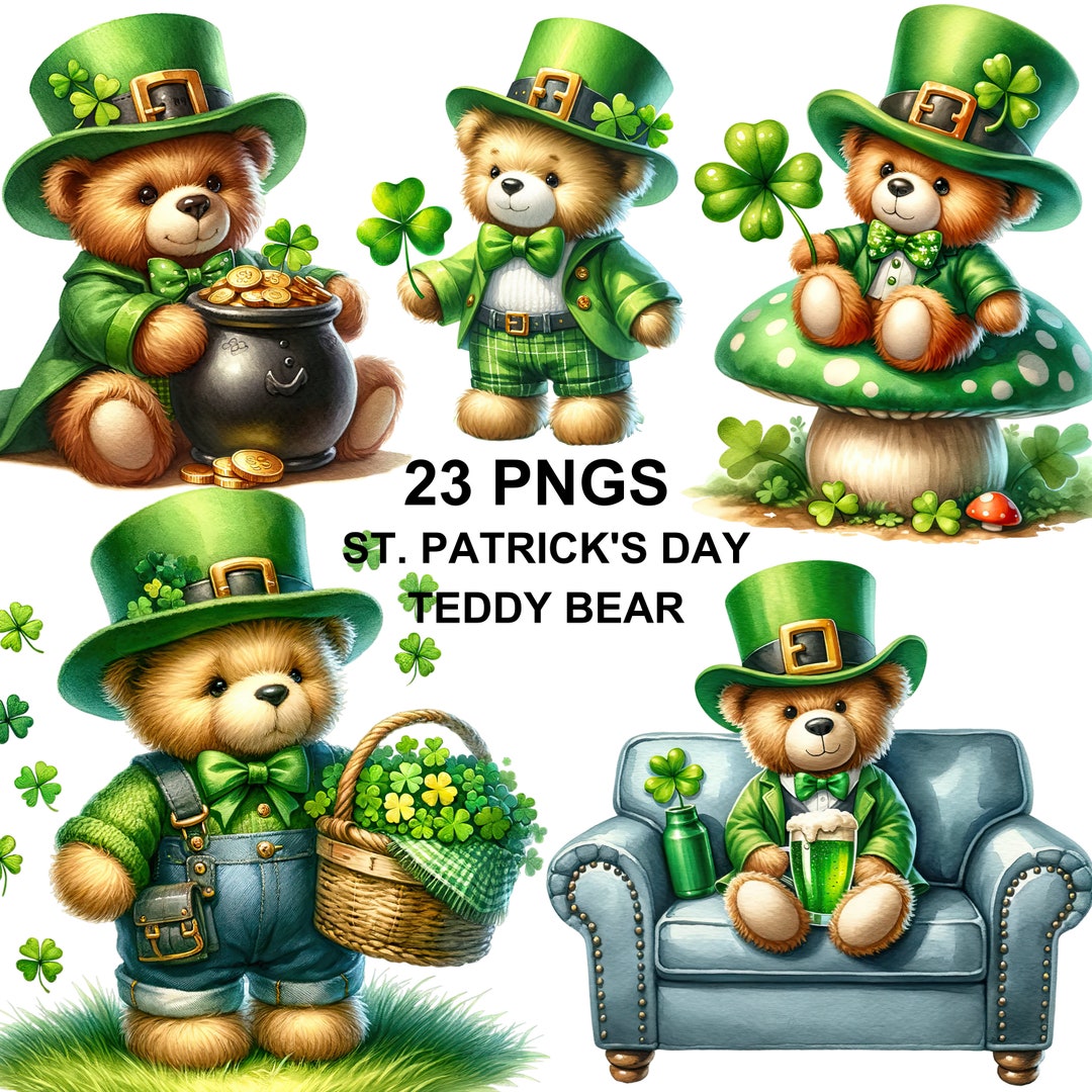 St Patrick's Day Teddy Bear Clipart: 23 PNG Graphics (digital Download ...
