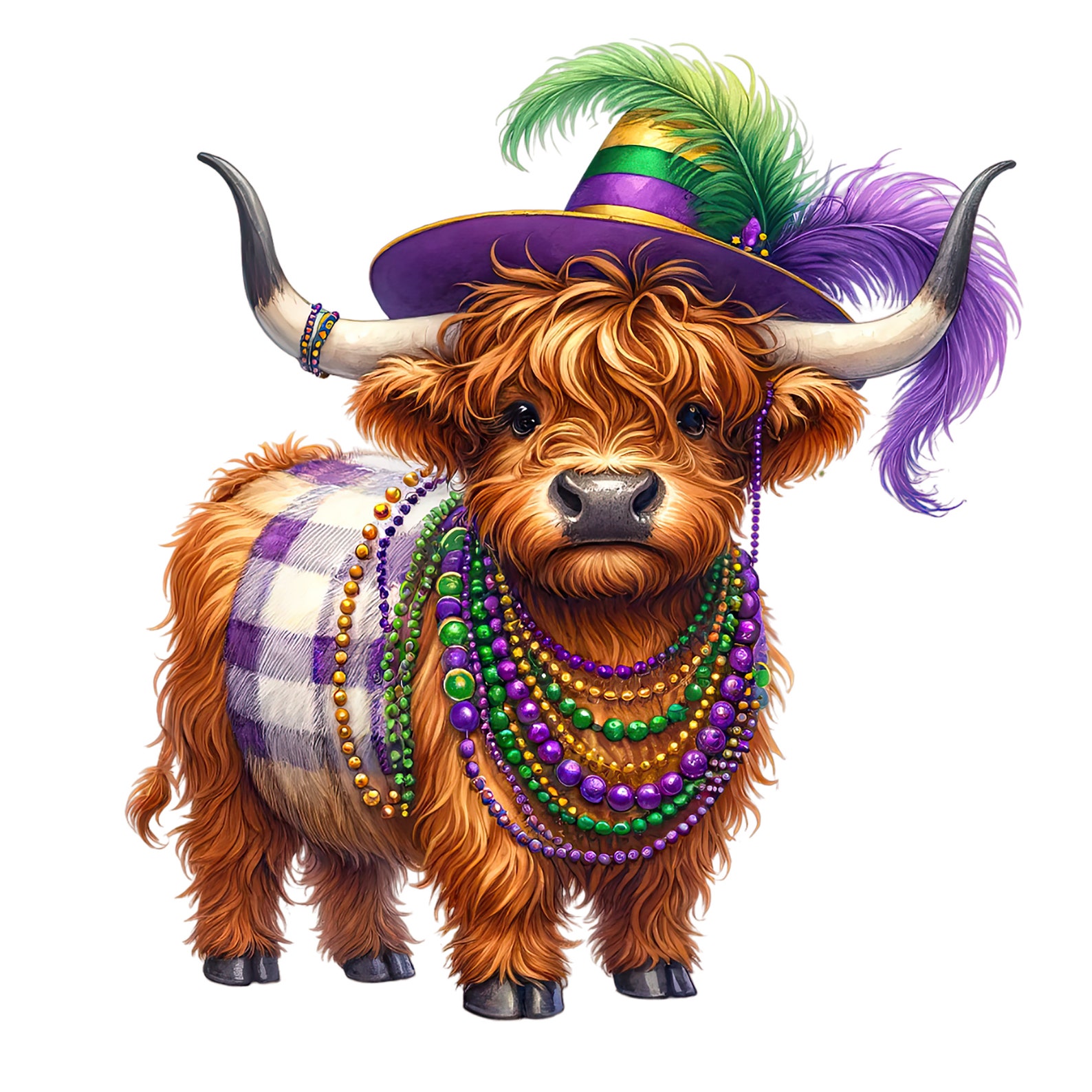 Watercolor Mardi Gras Highland Cow Clipart, Mardi Gras Clipart, Mardi ...