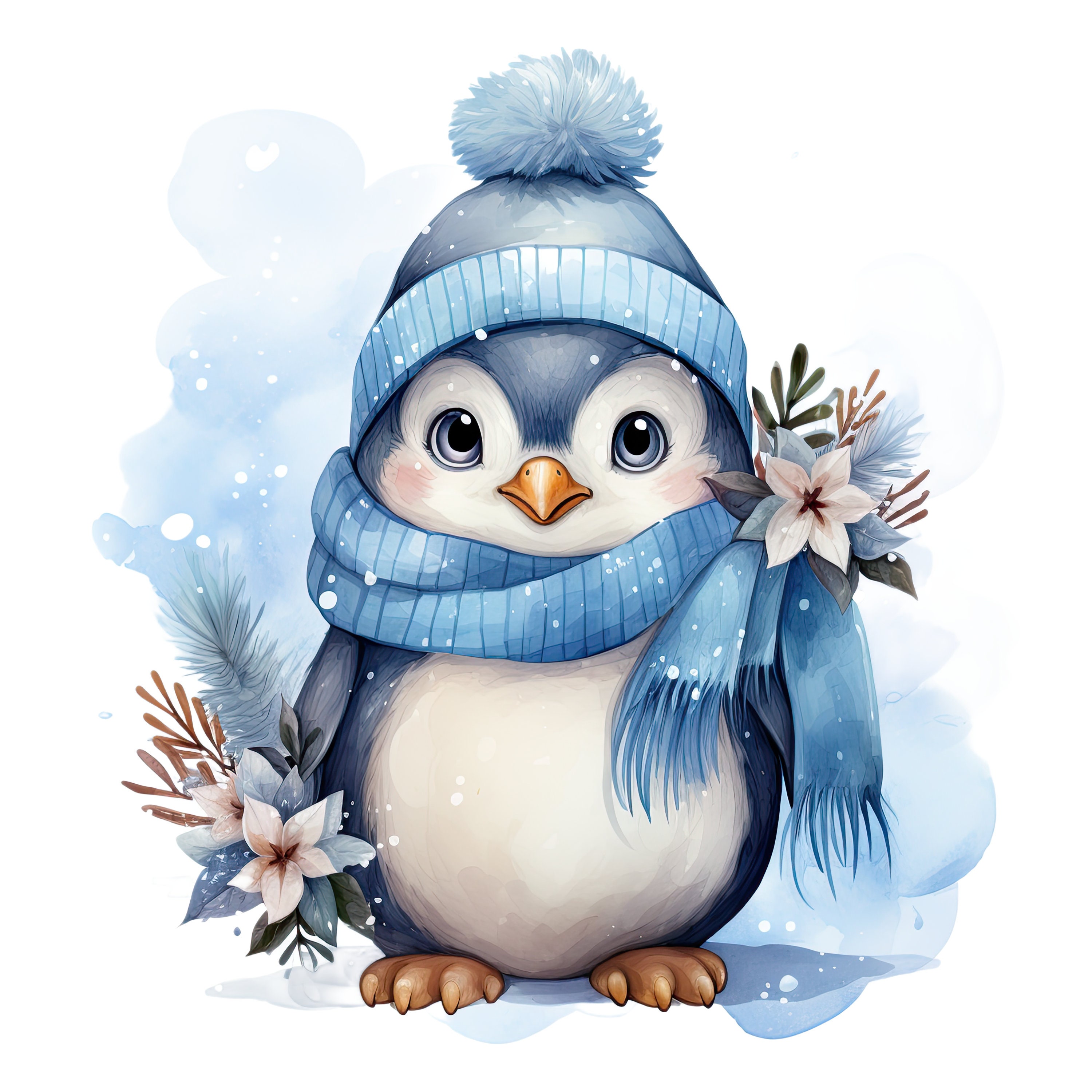 Watercolor Cute Christmas Penguin Clipart, Blue Penguin Clipart ...