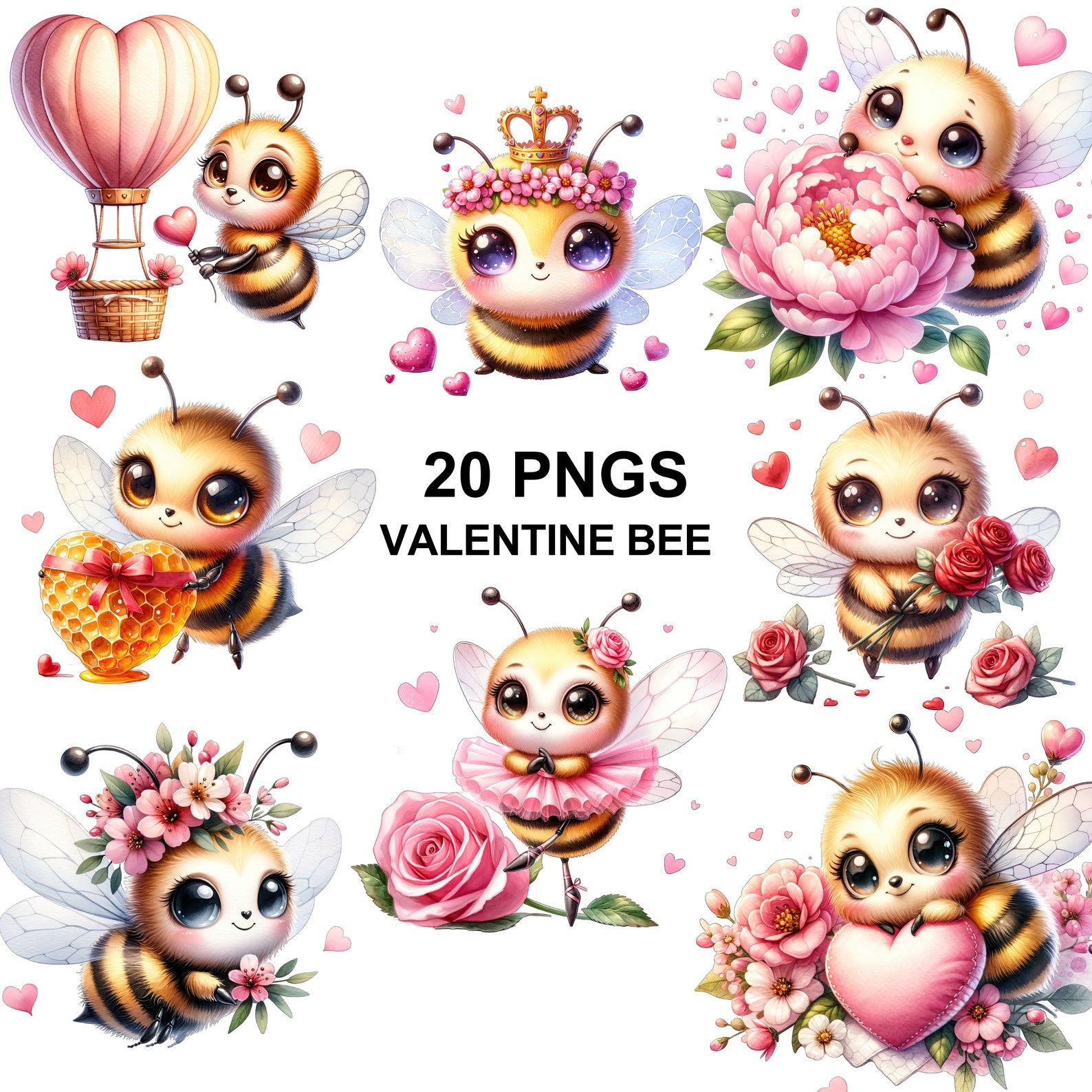 Watercolor Valentine Bee Clipart, Cute Bee Clipart, Baby Bee Png, Cute ...