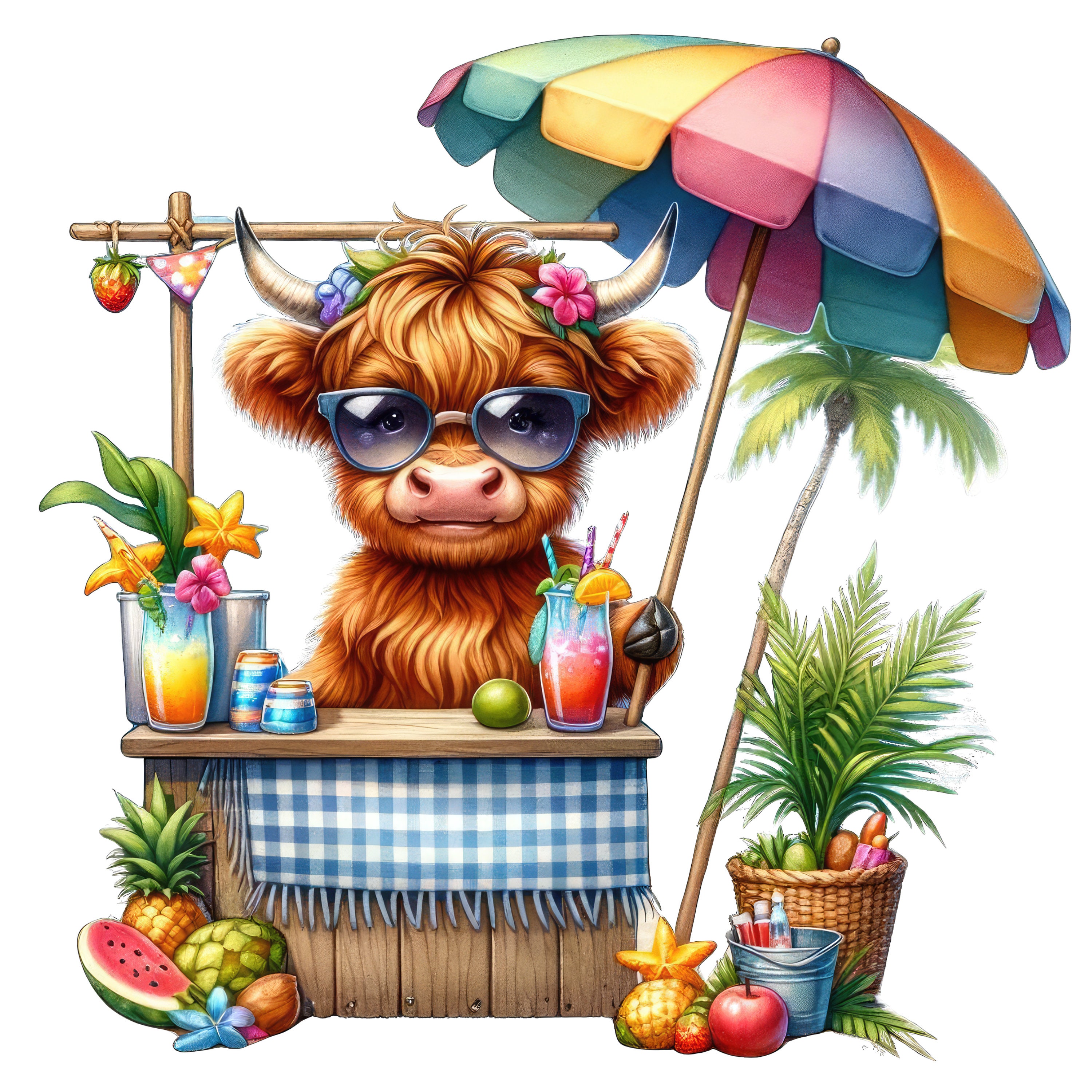 Watercolor Cow Clipart, Summer Cow Clipart, Watercolor Beach, Highland ...