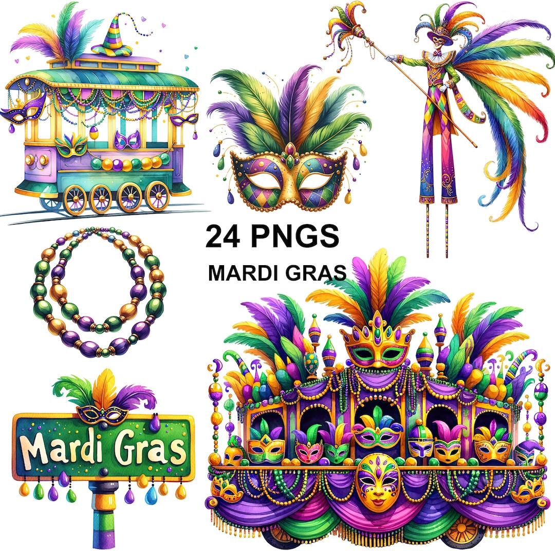 Watercolor Mardi Gras Clipart Bundle: New Orleans Carnival PNG (digital ...
