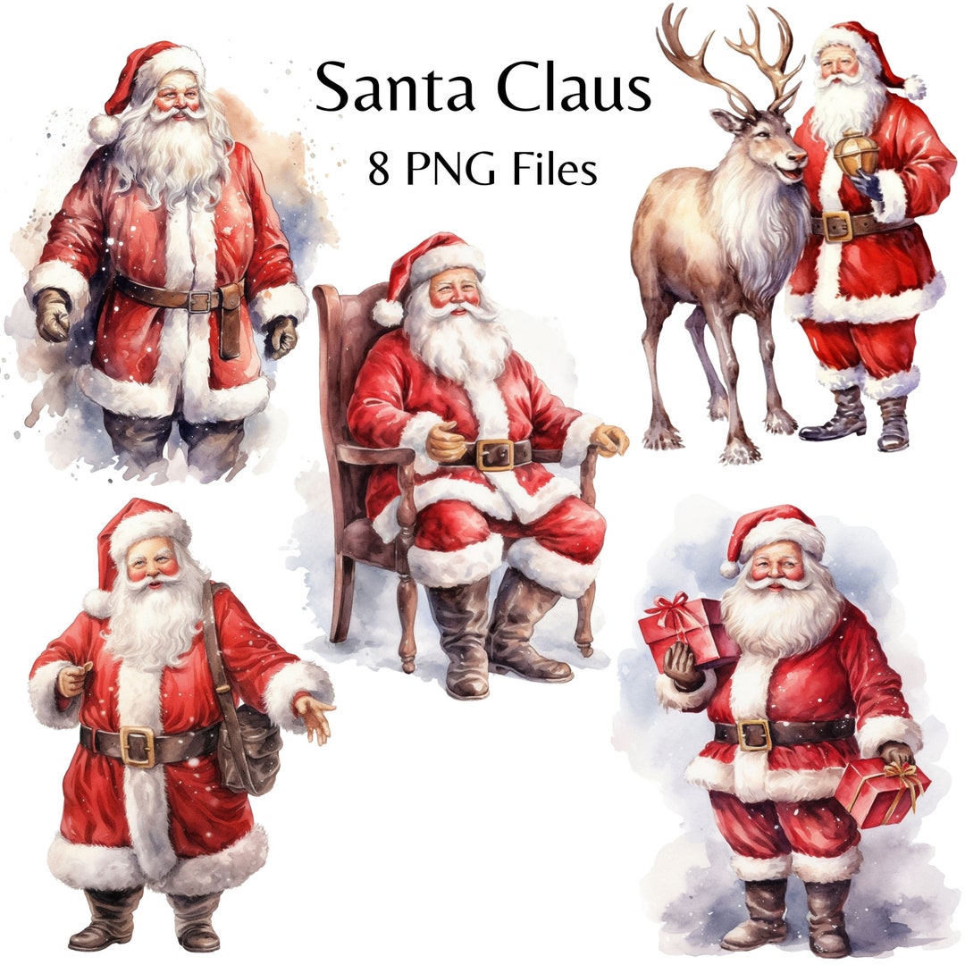 Watercolor Santa Claus Clipart: Christmas PNG Bundle (digital Download ...