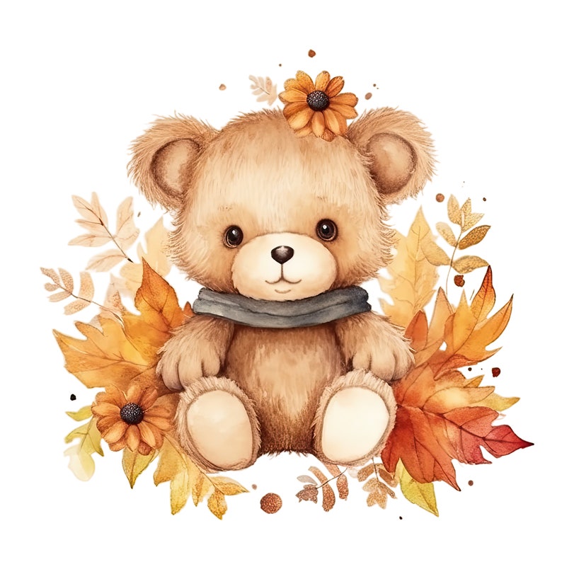 Watercolor Autumn Teddy Bear Clipart, Fall Scenery Clipart, Bear ...