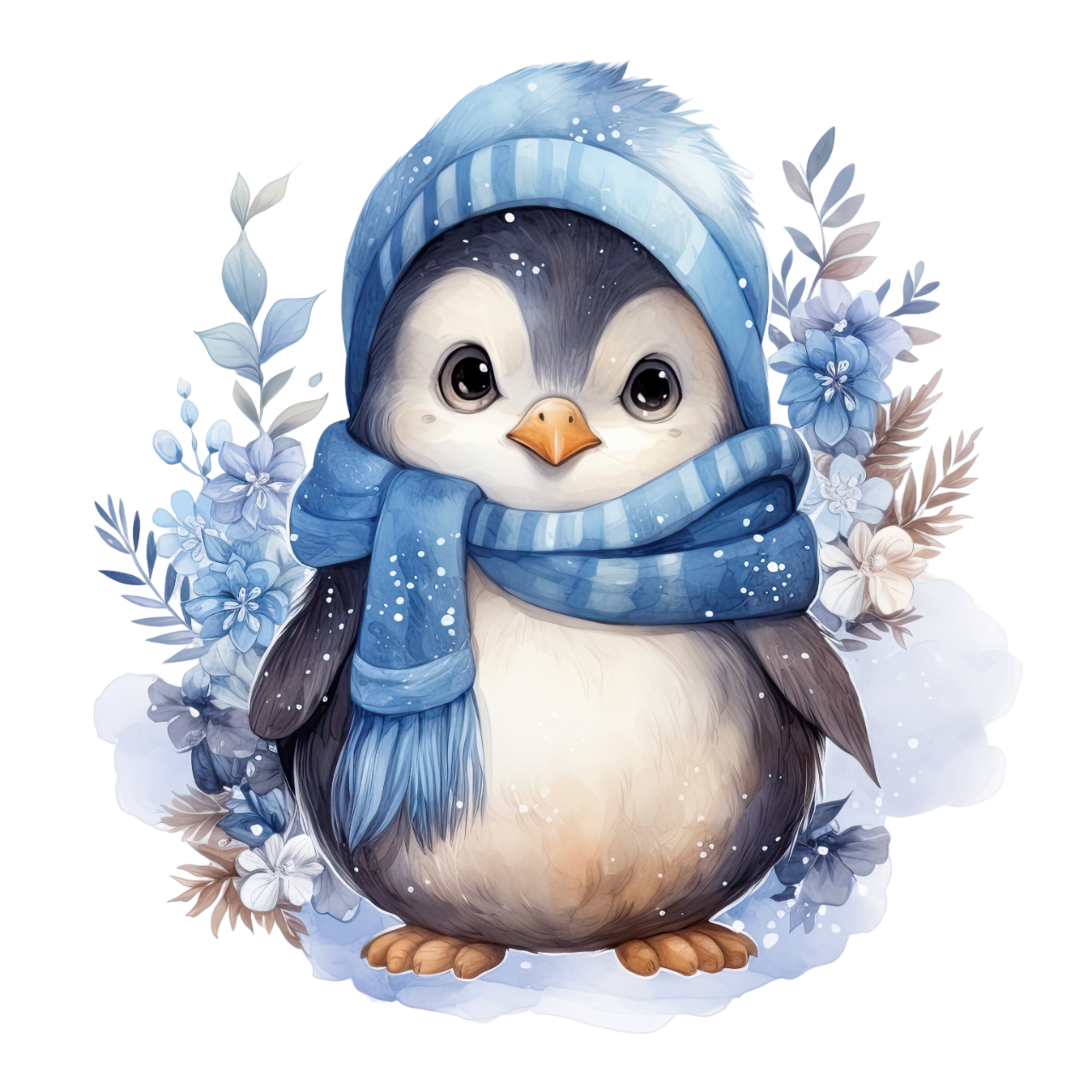 Watercolor Cute Christmas Penguin Clipart, Blue Penguin Clipart ...
