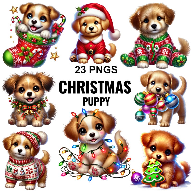 Christmas Puppy Clipart Bundle | Cute Holiday Dog PNG Set | Festive ...