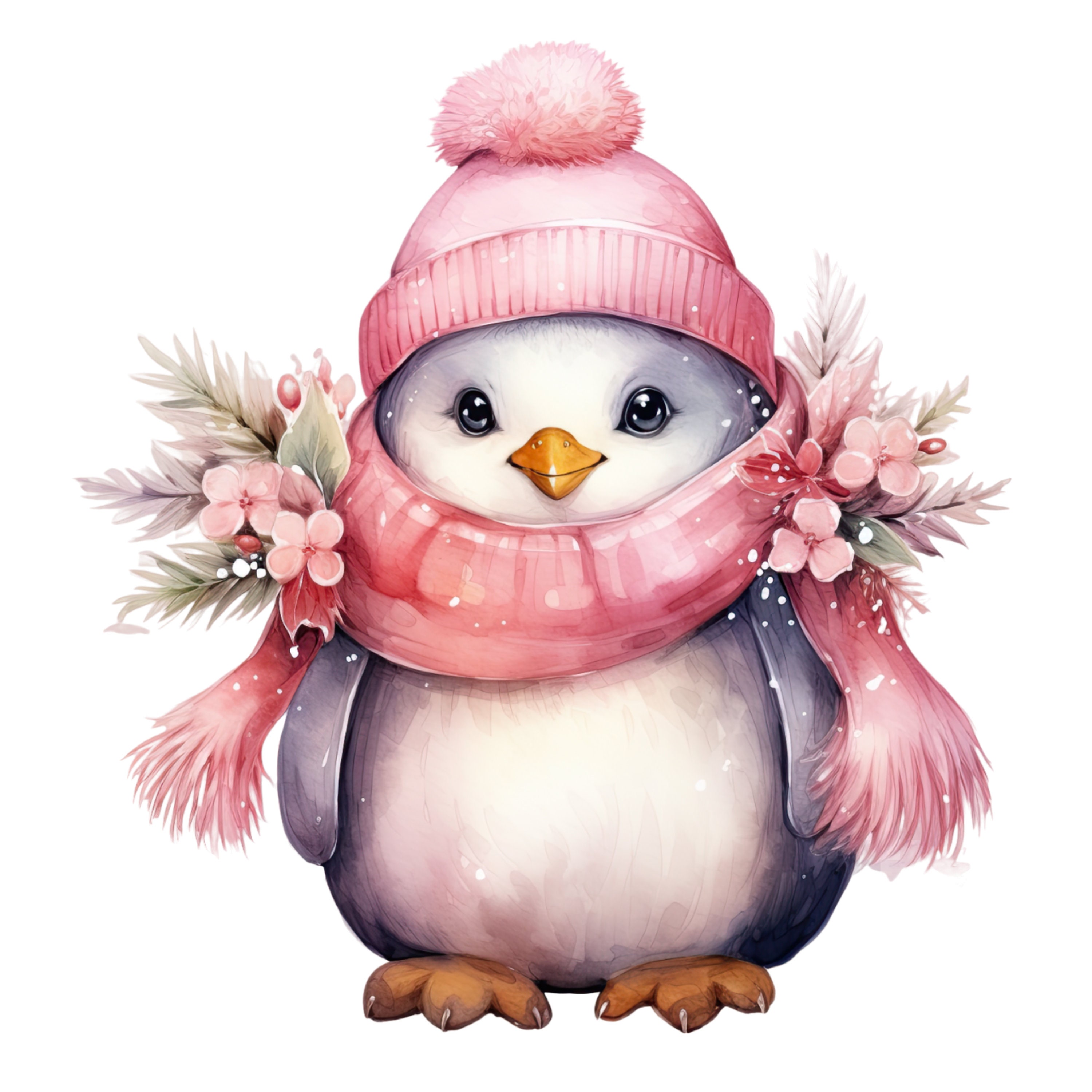 Watercolor Pink Christmas Penguin Clipart, Christmas Penguin Clipart ...