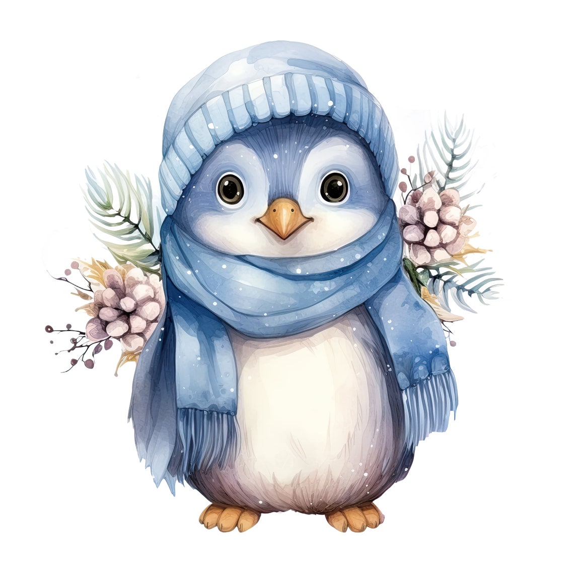 Watercolor Cute Christmas Penguin Clipart, Blue Penguin Clipart ...