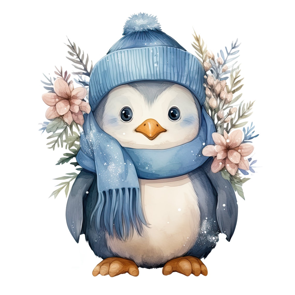 Watercolor Cute Christmas Penguin Clipart, Blue Penguin Clipart ...