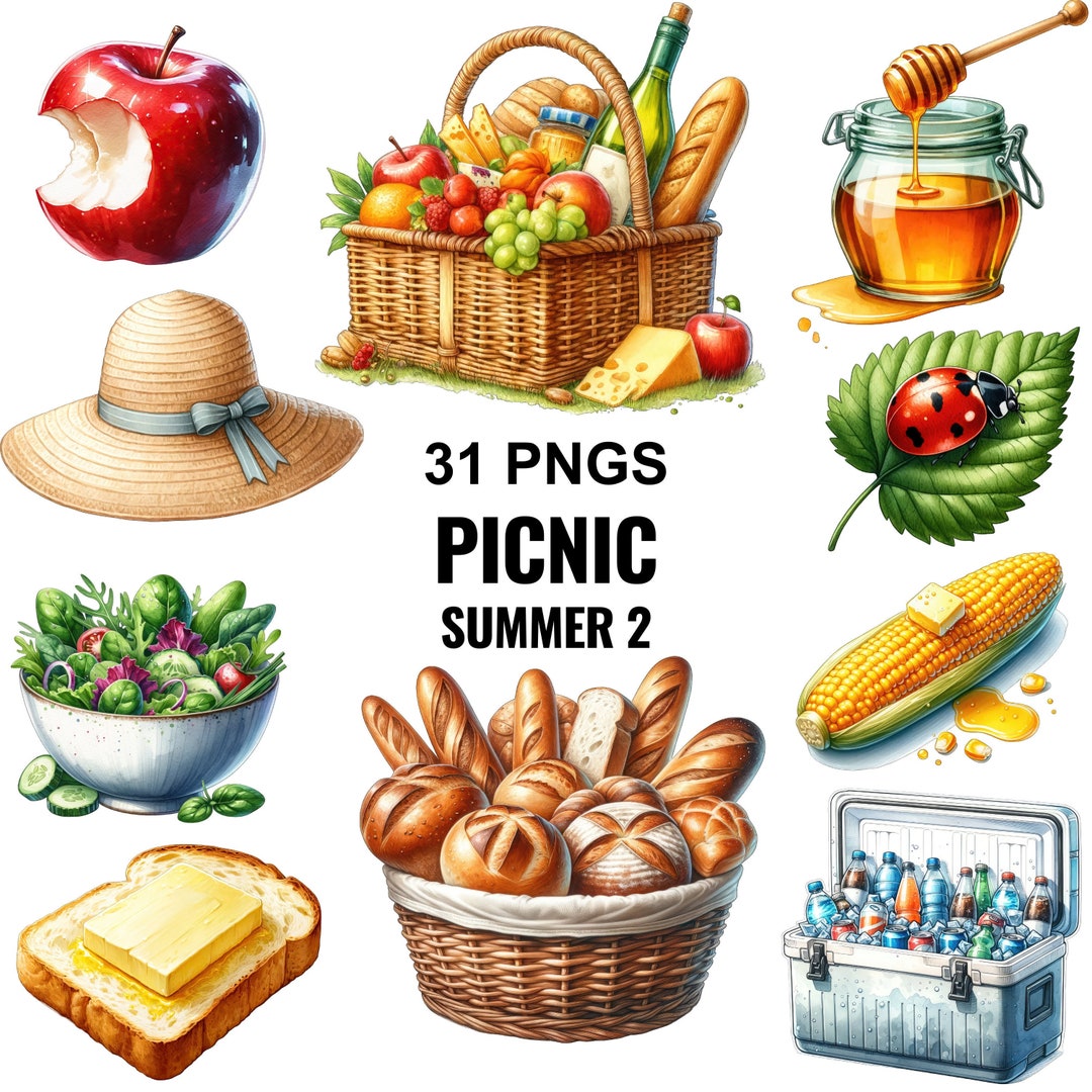 Waterclor Picnic Clipart, Picnic Baskets Clipart, Picnic Clipart ...