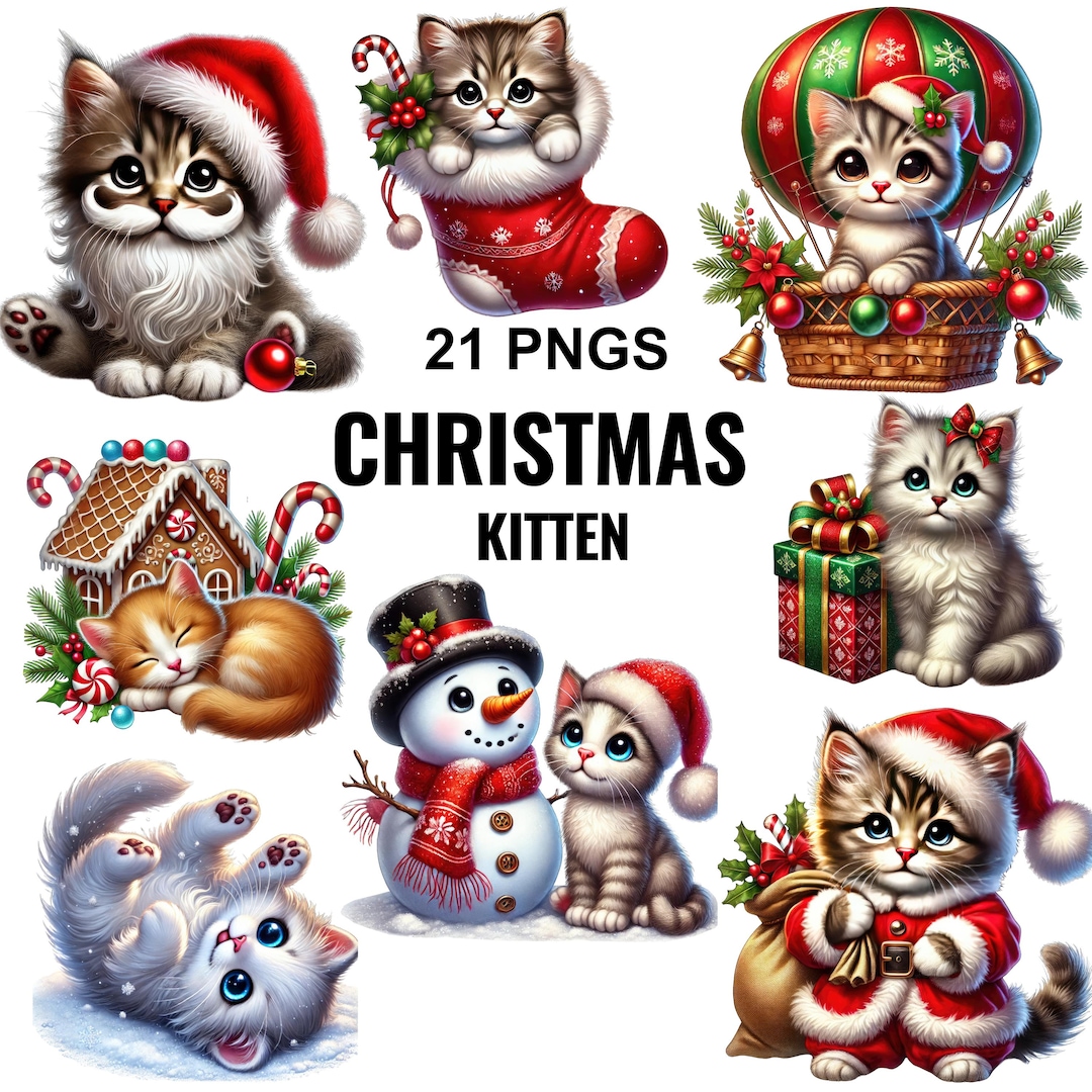 Christmas Kitten Clipart Bundle, Christmas Cats Images, Christmas ...