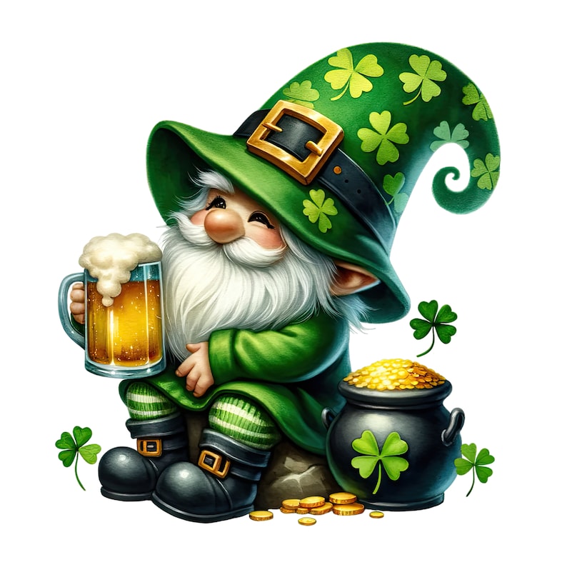 Watercolor St Patrick's Day Gnome Clipart: Green PNG Graphics (digital ...