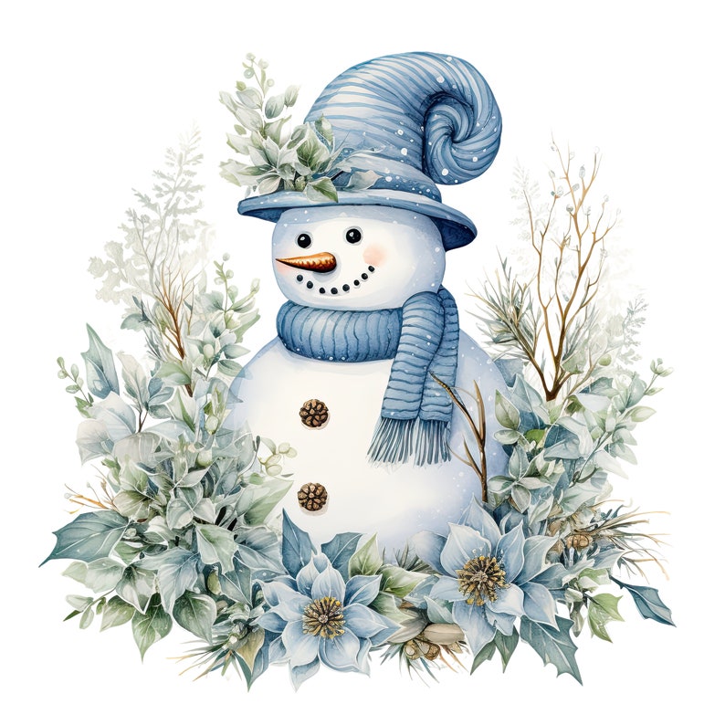 Watercolor Christmas Snowman Clipart: 20 Blue PNG Images (digital ...