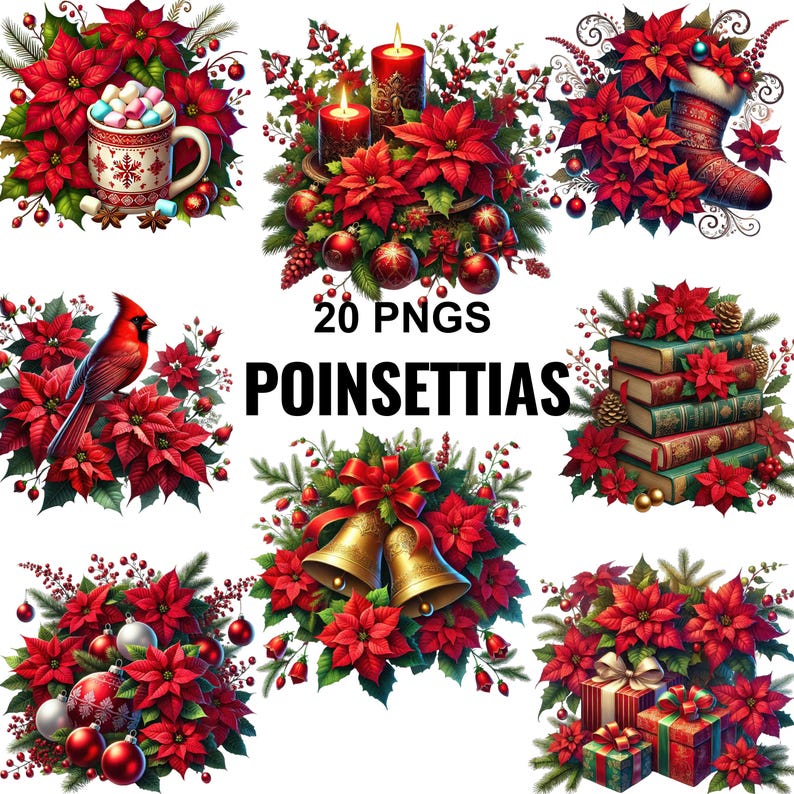Poinsettias Clipart Bundle,christmas Red Poinsettia,beautiful ...
