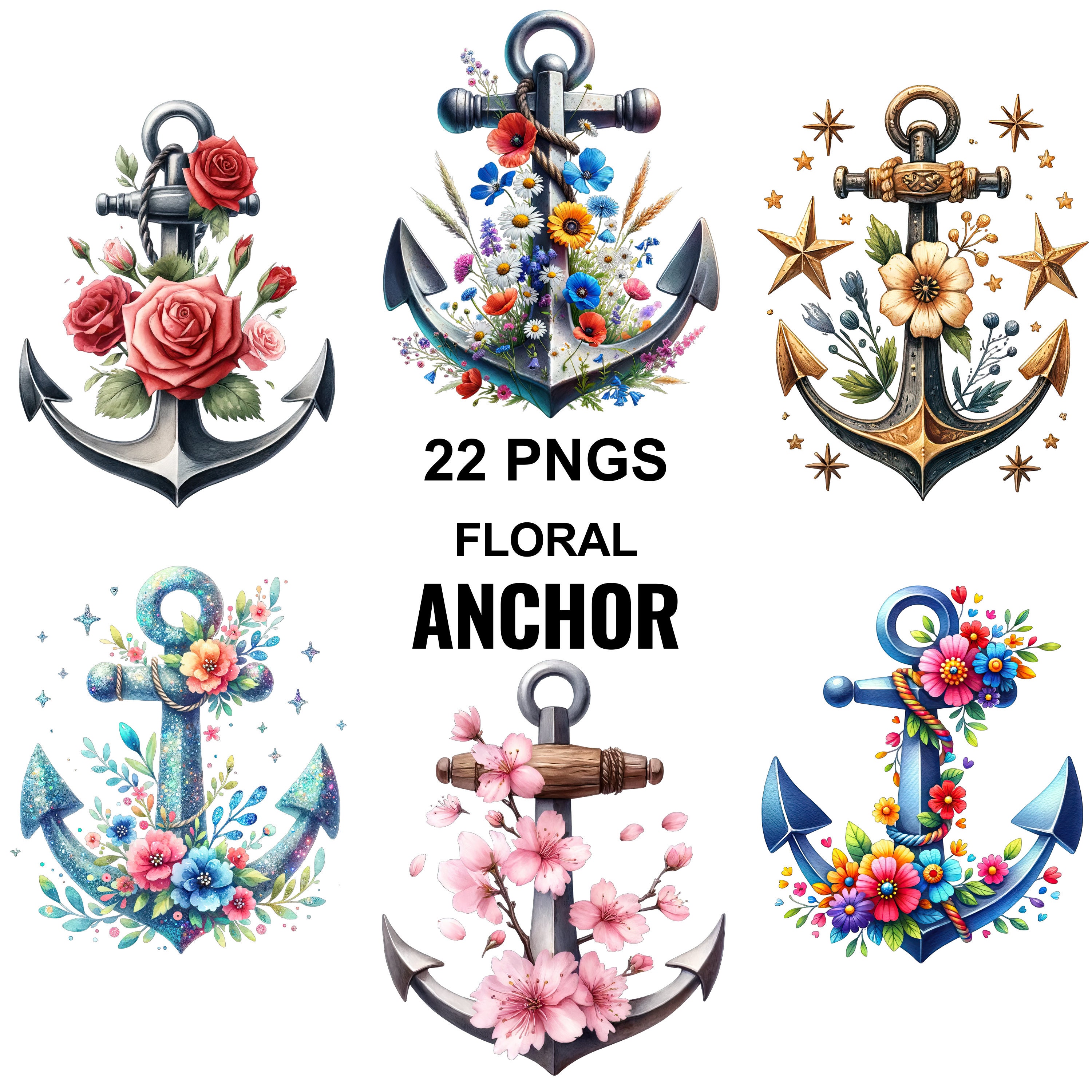 Floral Anchor Clipart, Anchor Clipart, Nautical Clipart, Floral Anchors ...