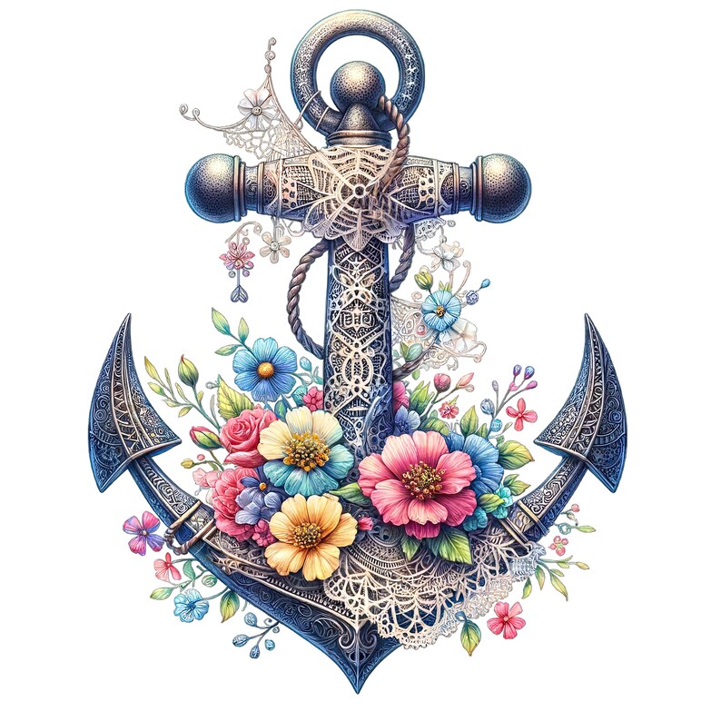Floral Anchor Clipart, Anchor Clipart, Nautical Clipart, Floral Anchors ...