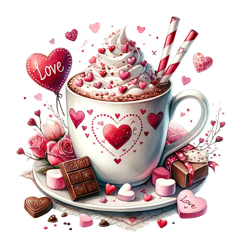 Love Hot Chocolate Clipart: Valentine Mugs, Pink Cocoa (digital ...