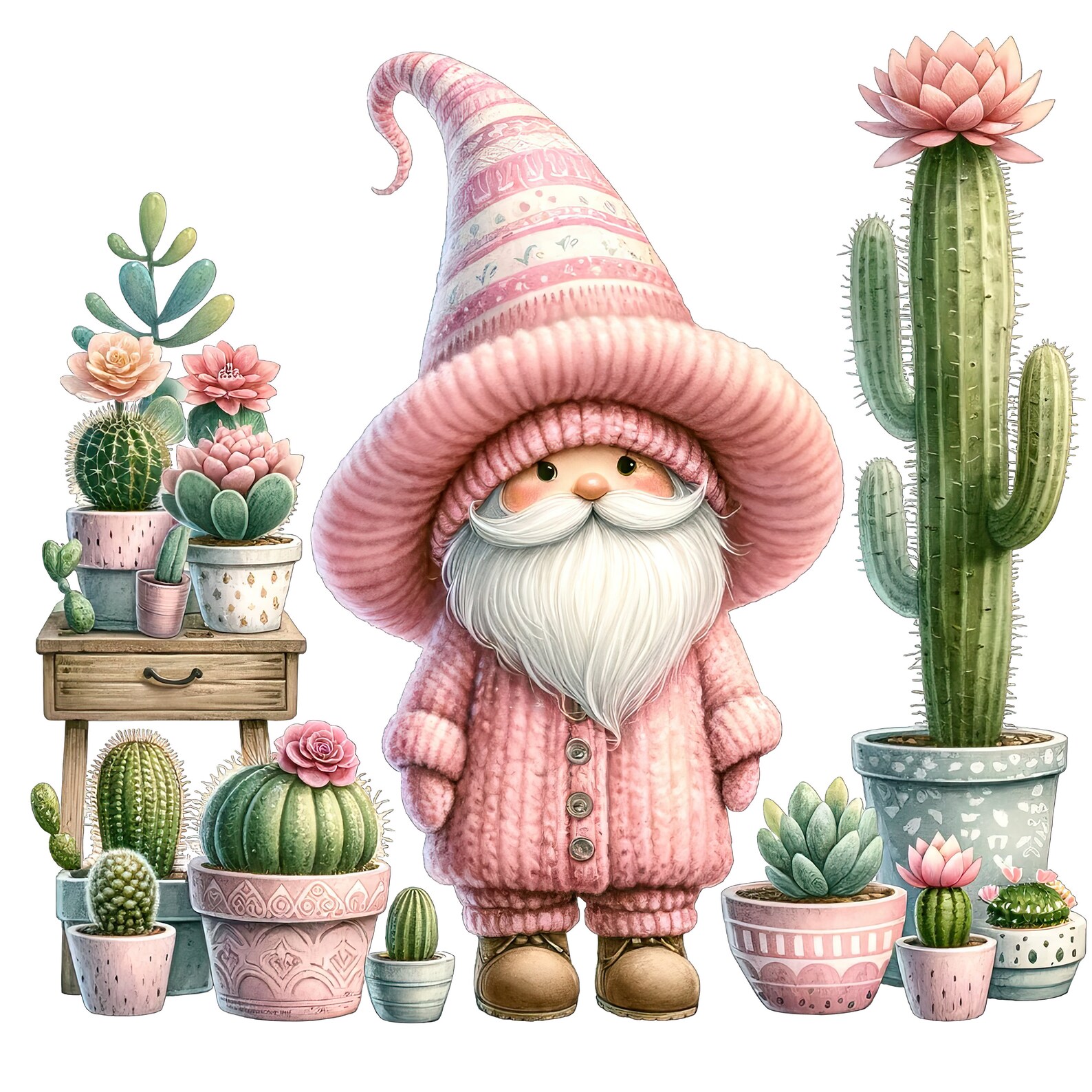 Watercolor Cactus Gnome Clipart, Flowering Cactus Gnome Clipart, Cactus ...