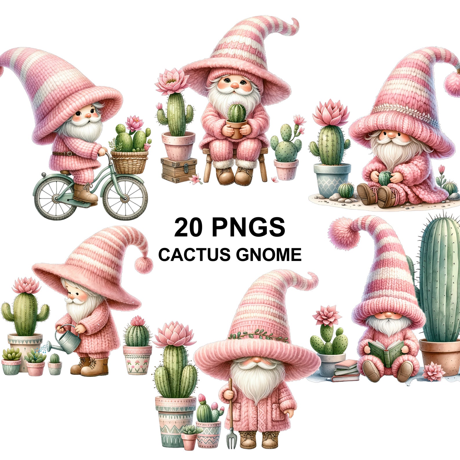 Watercolor Cactus Gnome Clipart, Flowering Cactus Gnome Clipart, Cactus ...