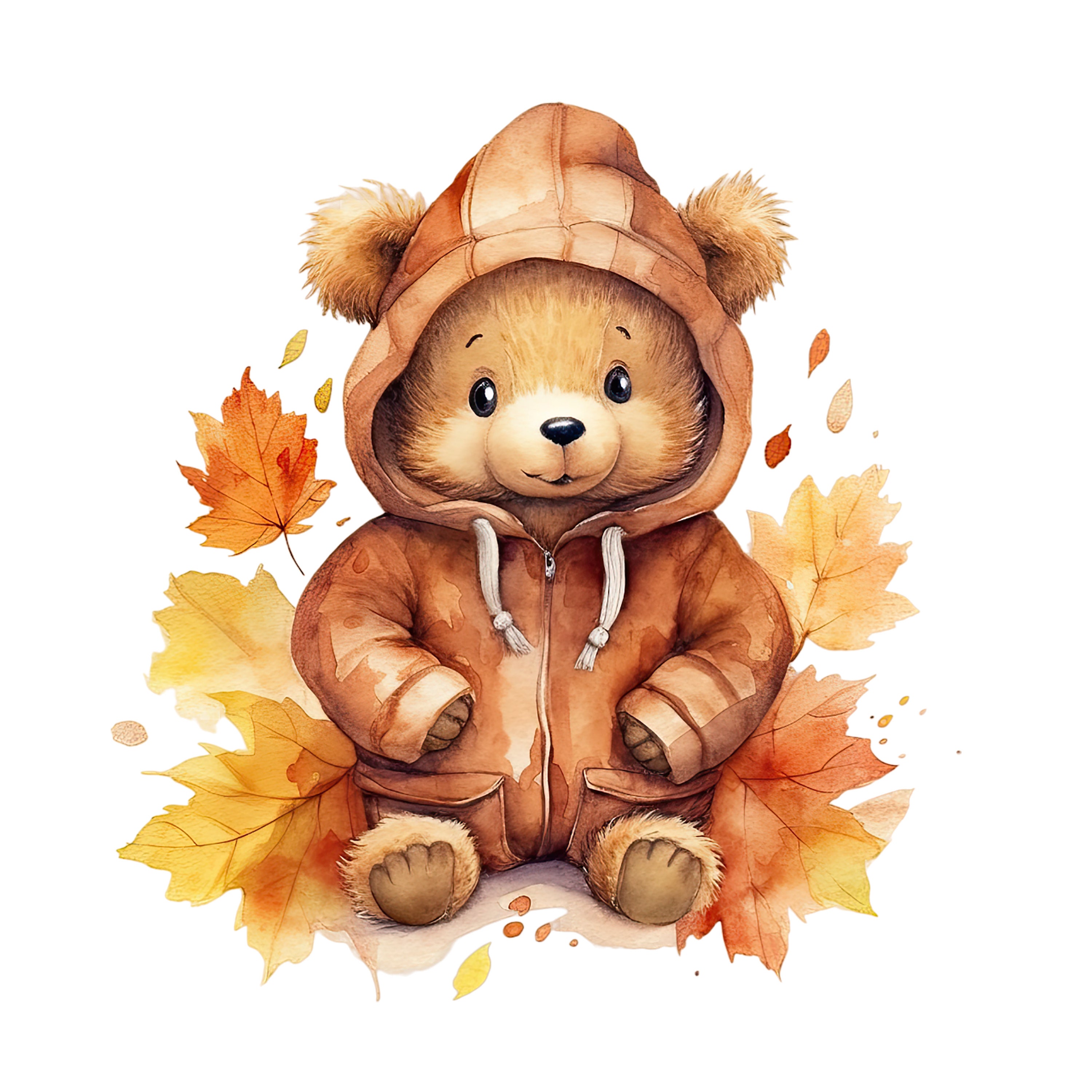Watercolor Autumn Teddy Bear Clipart, Fall Scenery Clipart, Bear ...