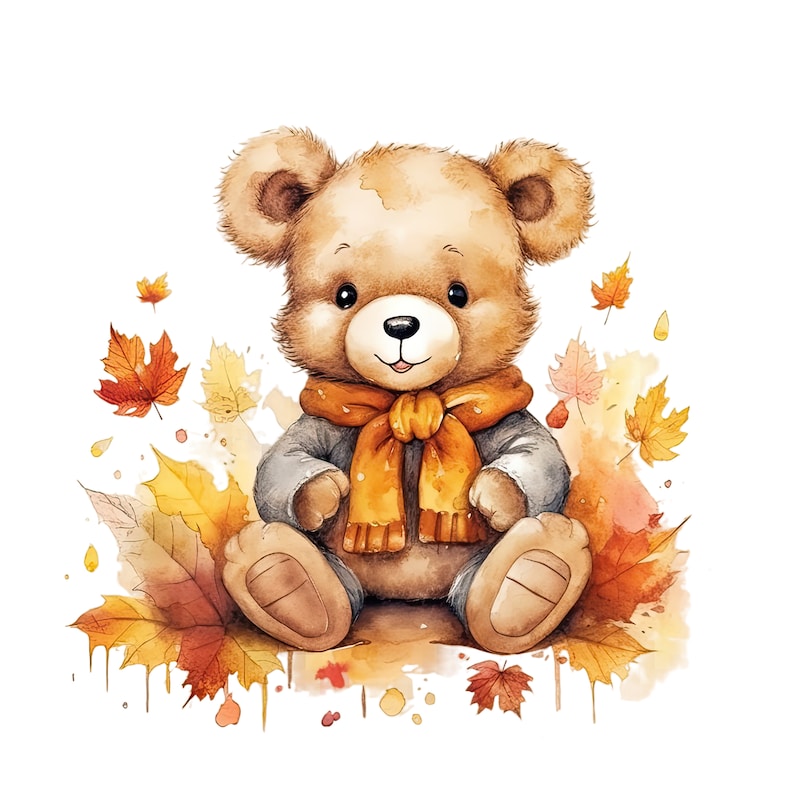 Watercolor Autumn Teddy Bear Clipart, Fall Scenery Clipart, Bear ...