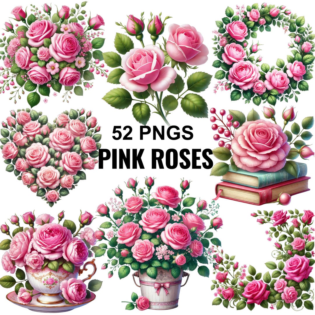 Pink Roses Clipart: Floral Bouquet PNG Bundle (digital Download) - Etsy