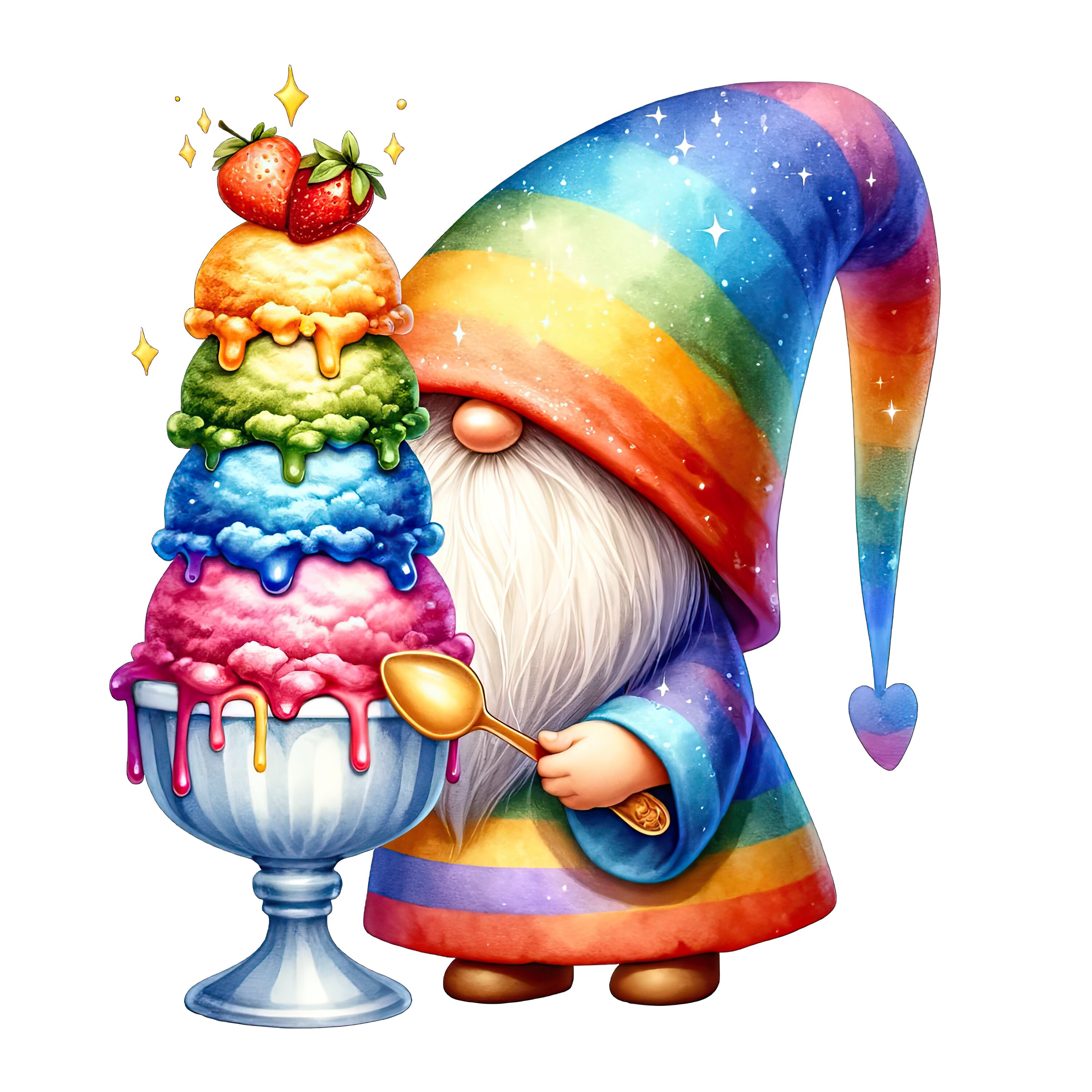 Watercolor Ice Cream Gnome Clipart, Gnome Ice Cream, Summer Gnome, Ice ...