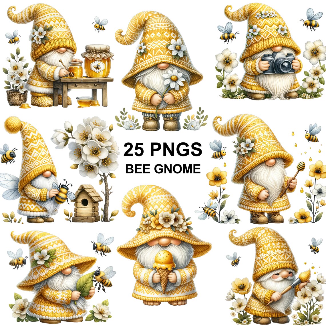Watercolor Bee Gnome Clipart, Spring Gnome Png, Bee Clipart, Bee Gnome ...