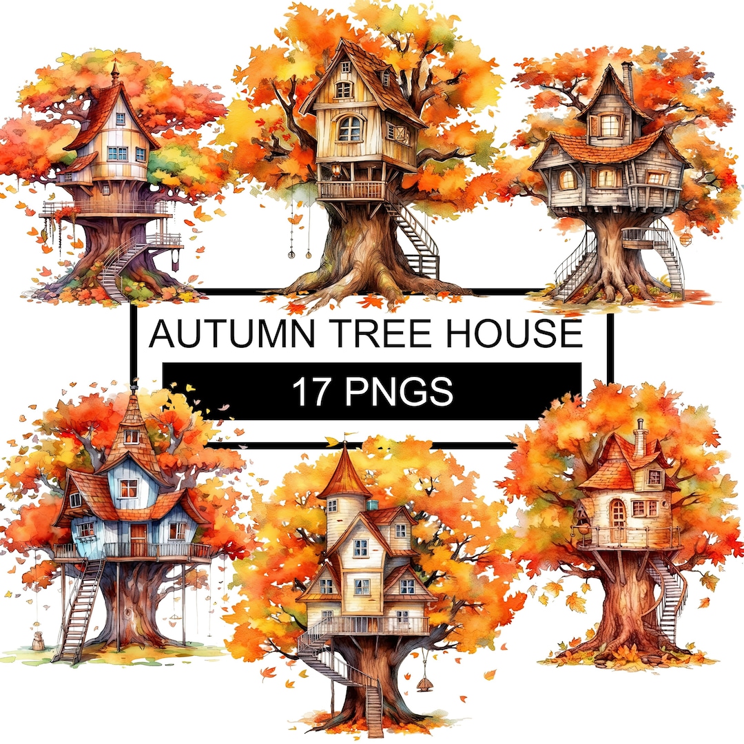 Watercolor Autumn Tree House Clipart, Clipart Fall Tree House, Fall ...