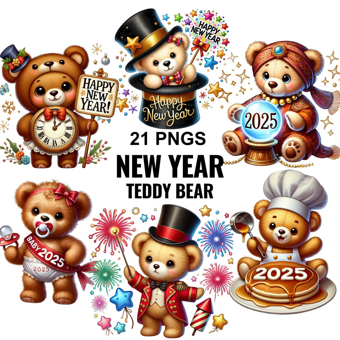 New Year Teddy Bear Clipart,teddy Bear Clipart Bundle,new Year Animal ...