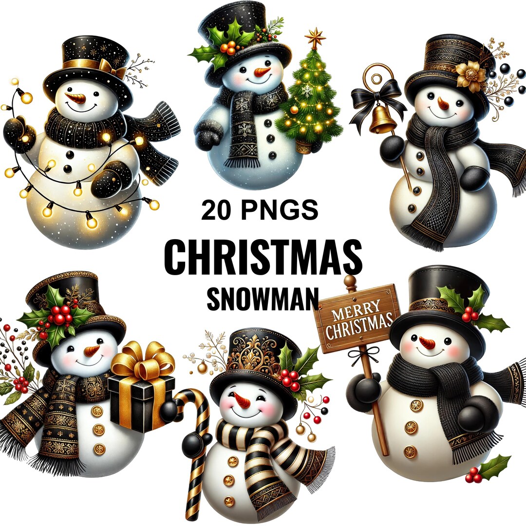 Christmas Snowman Clipart Bundle, Black and Gold Snowman Png Collection ...