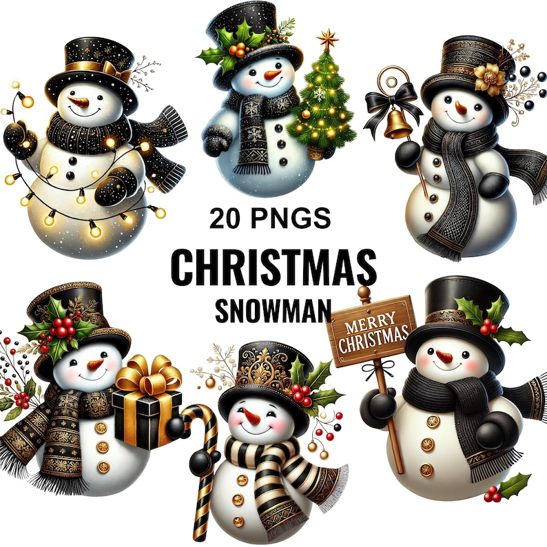 Christmas Snowman Clipart Bundle, Black and Gold Snowman Png Collection ...
