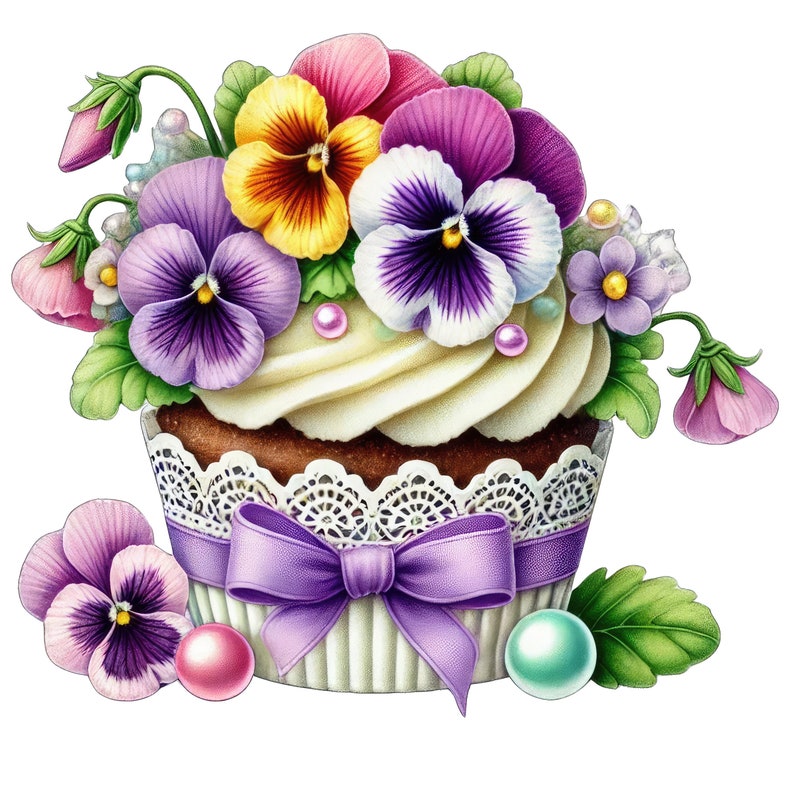 Watercolor Spring Flowers Cupcake Clipart: Floral Dessert Graphics ...